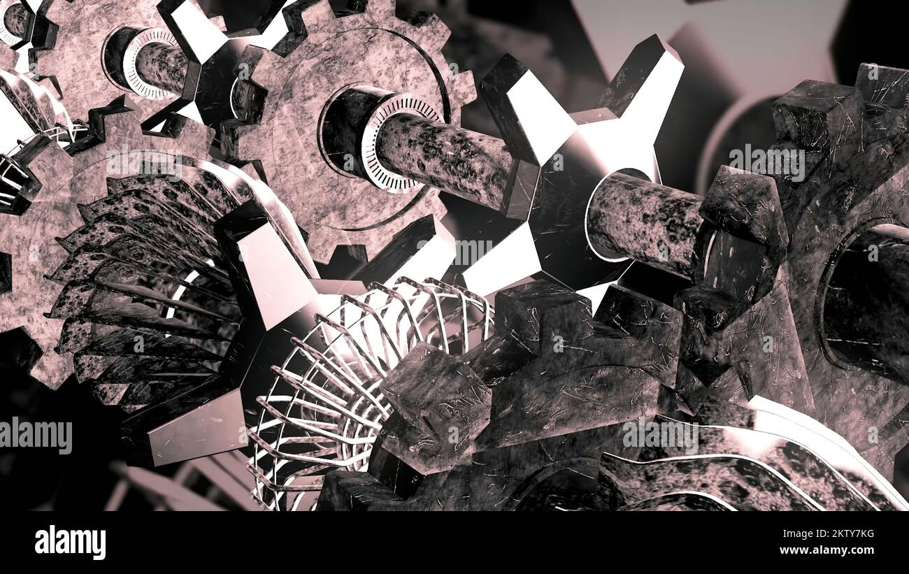 Gears rotating in a mechanical device. Motion. Abstract animated ...