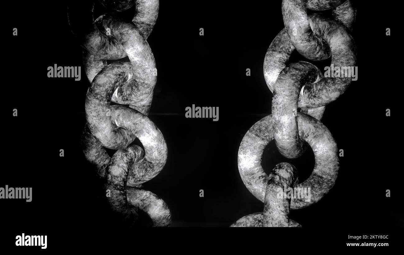 Abstract industrial background with metal large rusty chains hanging isolated on a black ...