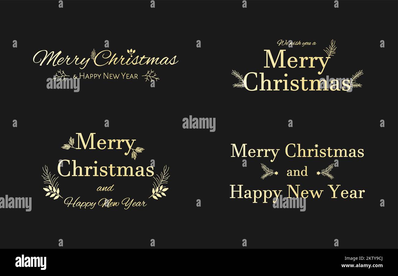Christmas New Year gold lettering branch label black flat set. Sticker ...