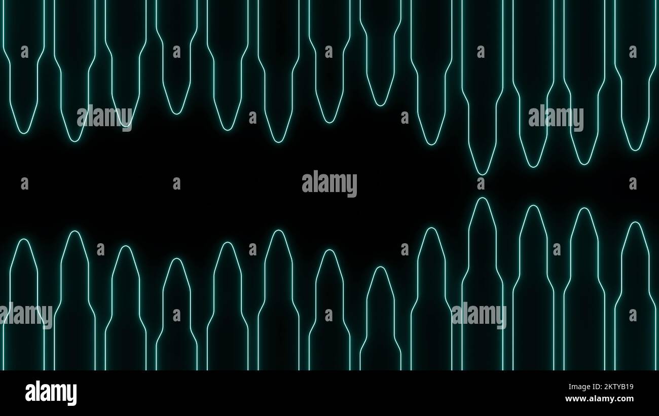 Turquoise neon silhouettes on a black background. Design. Two rows of ...