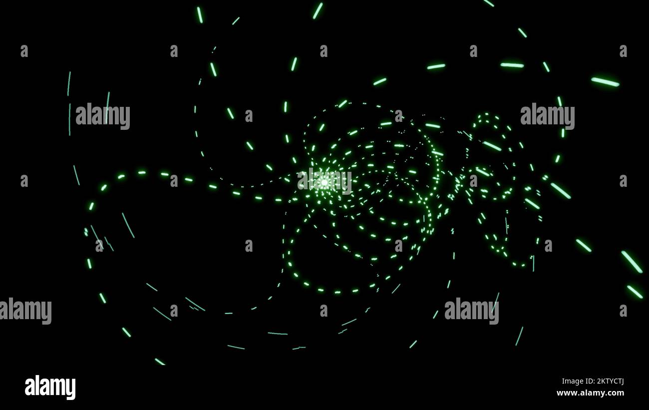 Abstract curving lines of short neon segments flying on a black ...