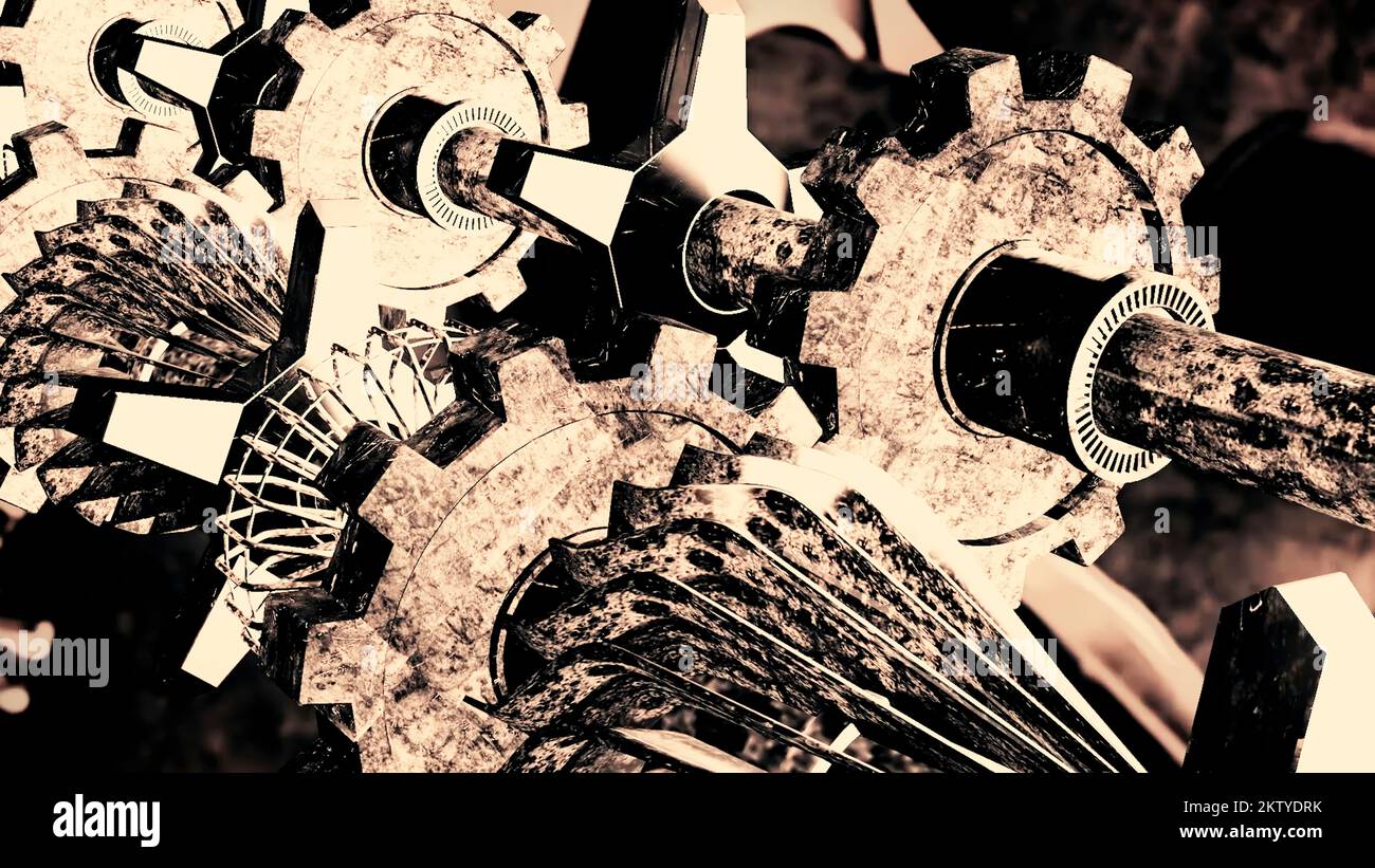 Scratched metal bicycle chain going through the brass gear wheels on a ...