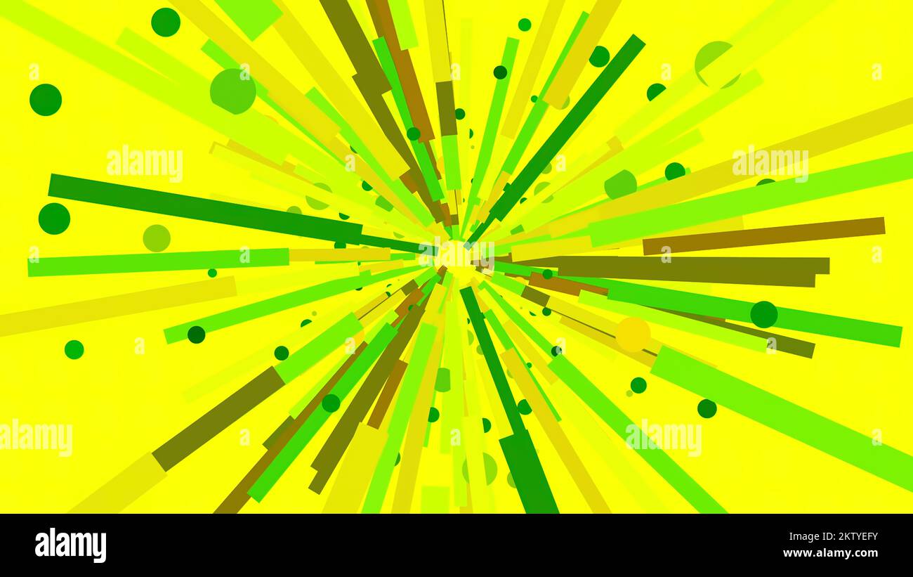 Abstract yellow background with spinning rays and circles. Motion. Rotating lines and round ...