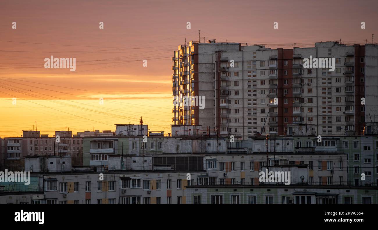 Sunlit multi-storey residential buildings in the residential area of ...