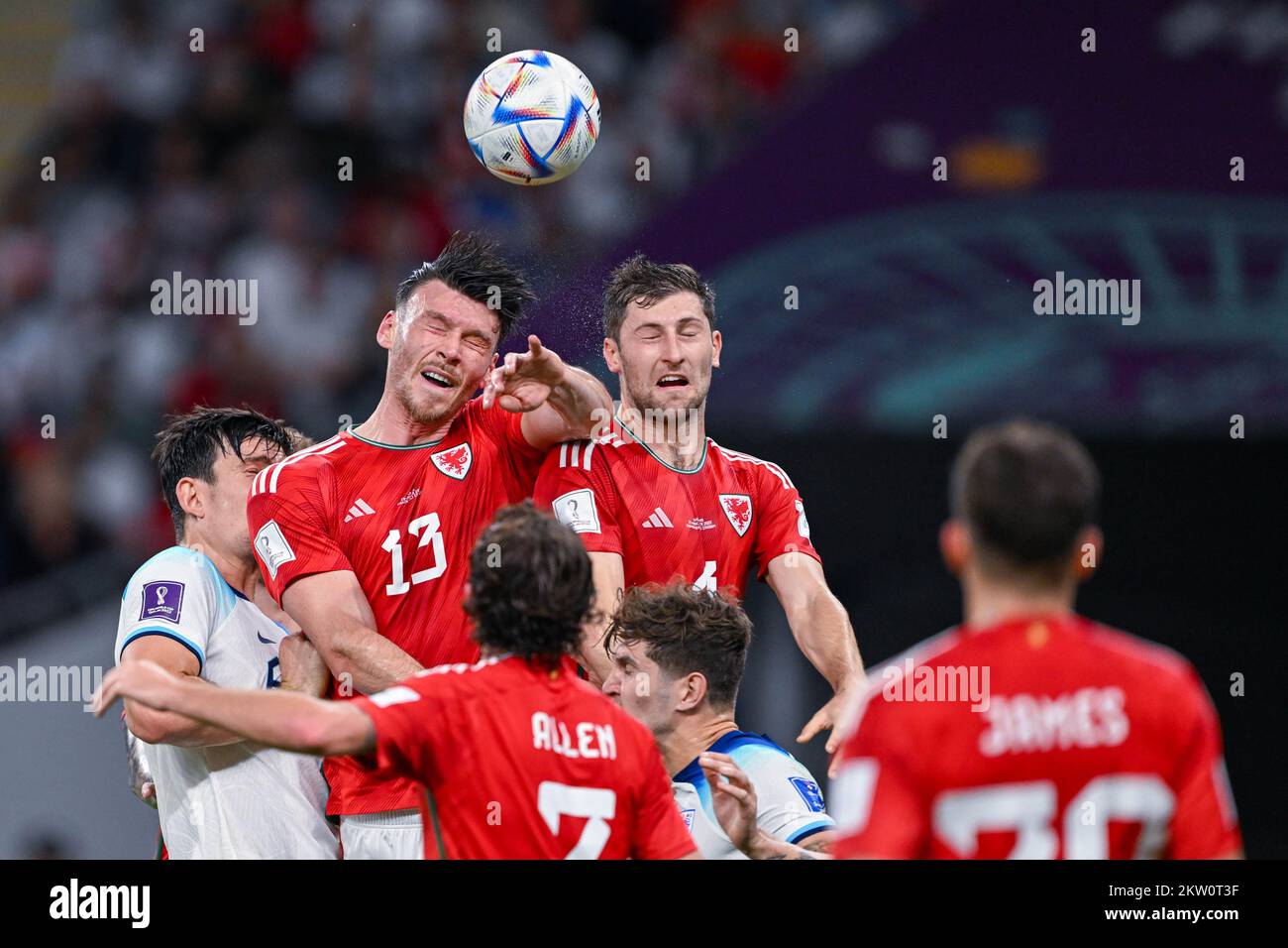 Kieffer MOORE of Wales heads the ball during the FIFA World Cup Qatar ...