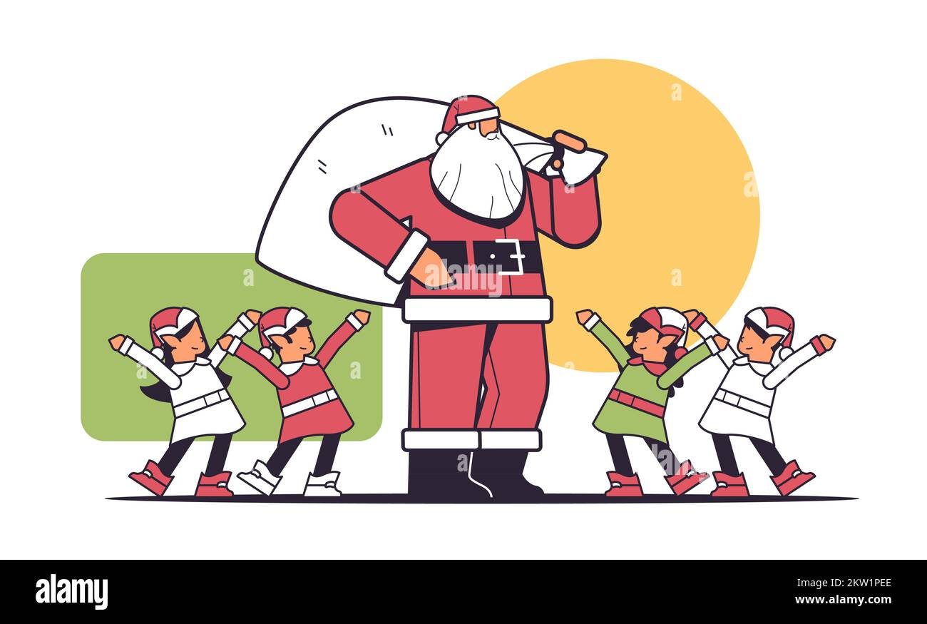 santa claus standing with mix race elves in uniform happy new year ...