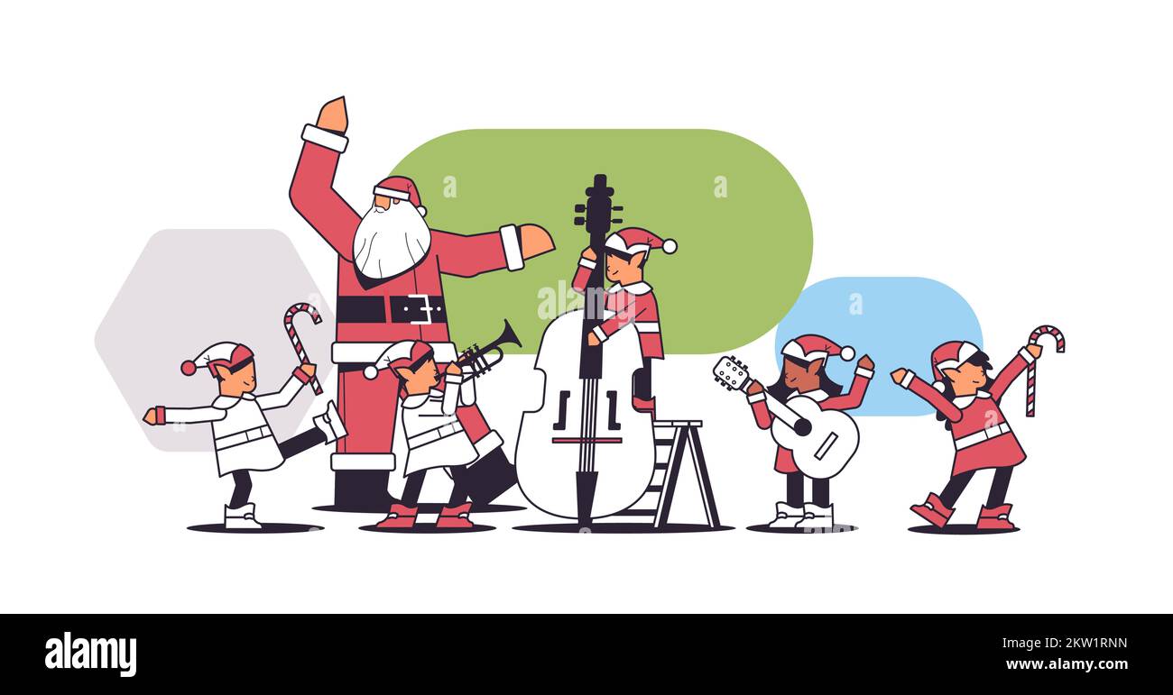 elves with musical instruments santa helpers playing guitar and trumpet ...