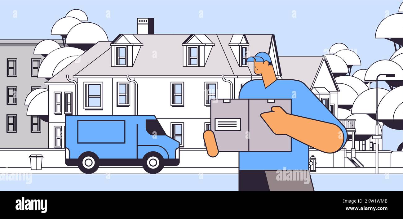 deliveryman holding cardboard box courier carrying parcel express ...