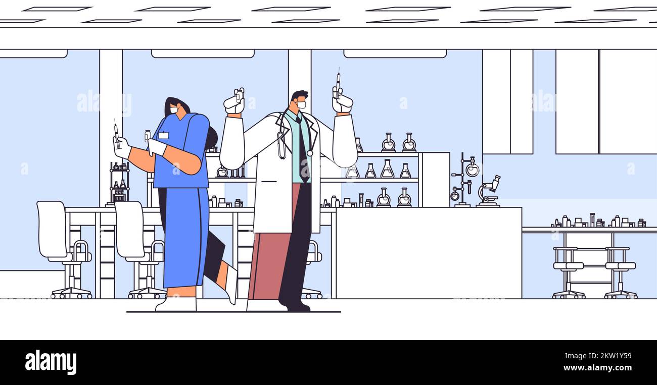 doctors in protective masks holding syringe and bottle vial coronavirus ...