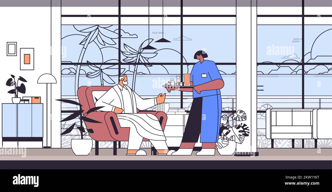 friendly nurse or volunteer bringing pills to elderly man patient home ...