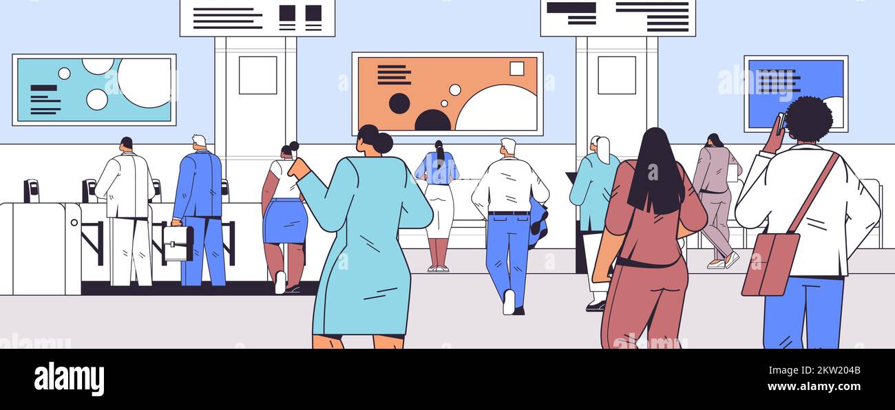 businesspeople passesngers standing back to camera rear view of ...