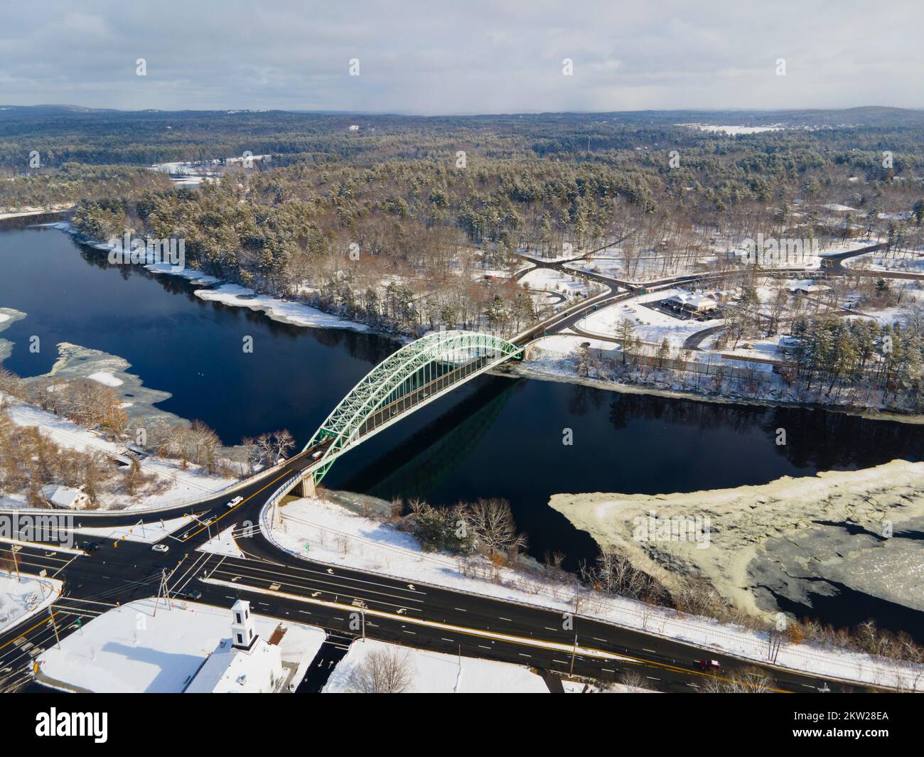 Merrimack River and Tyngsborough Bridge aerial view in winter in town ...