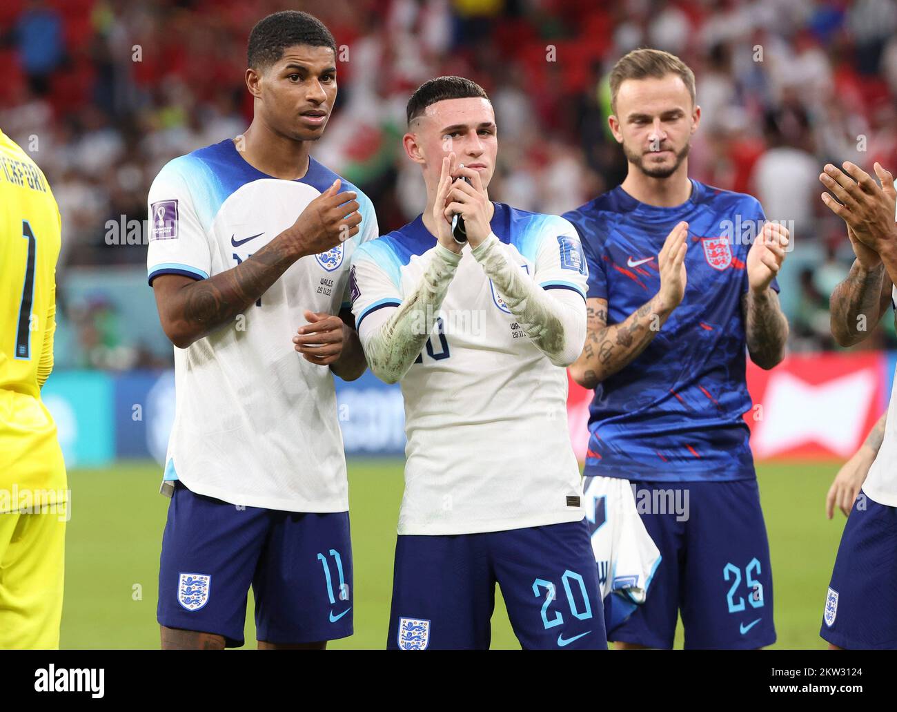 Ar-Rayyan, Qatar - 29/11/2022, Marcus Rashford, Phil Foden, James Maddison of England celebrate ...