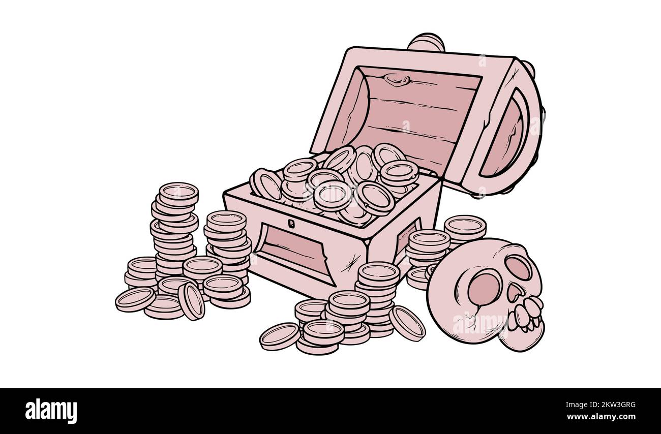 Open treasure chest with golden coins and skull. Wooden chest with ...