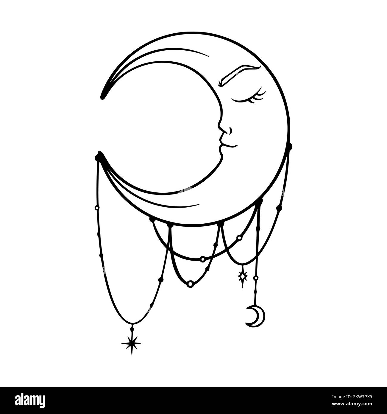 Tarot crescent moon sketch. Spiritual tarot moon with face. Vector ...