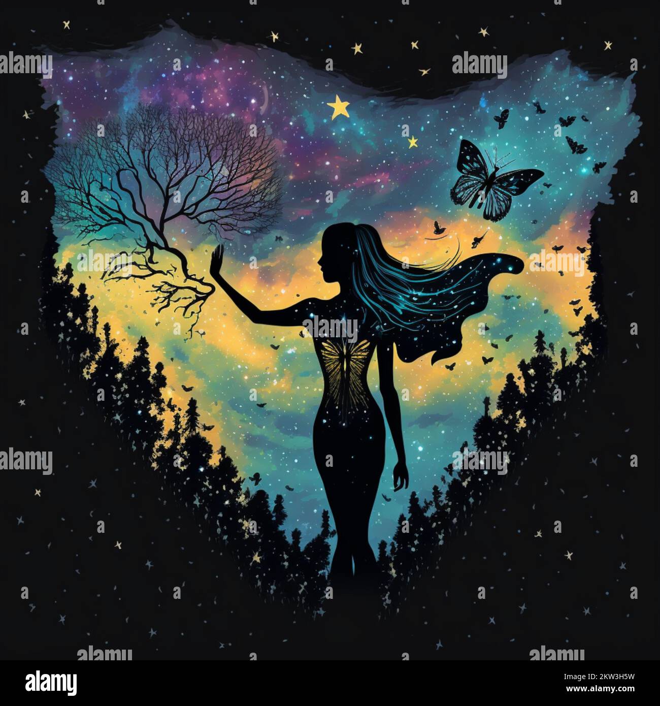 Fairy Silhouttes against a background of stars, butterfly wings with ...