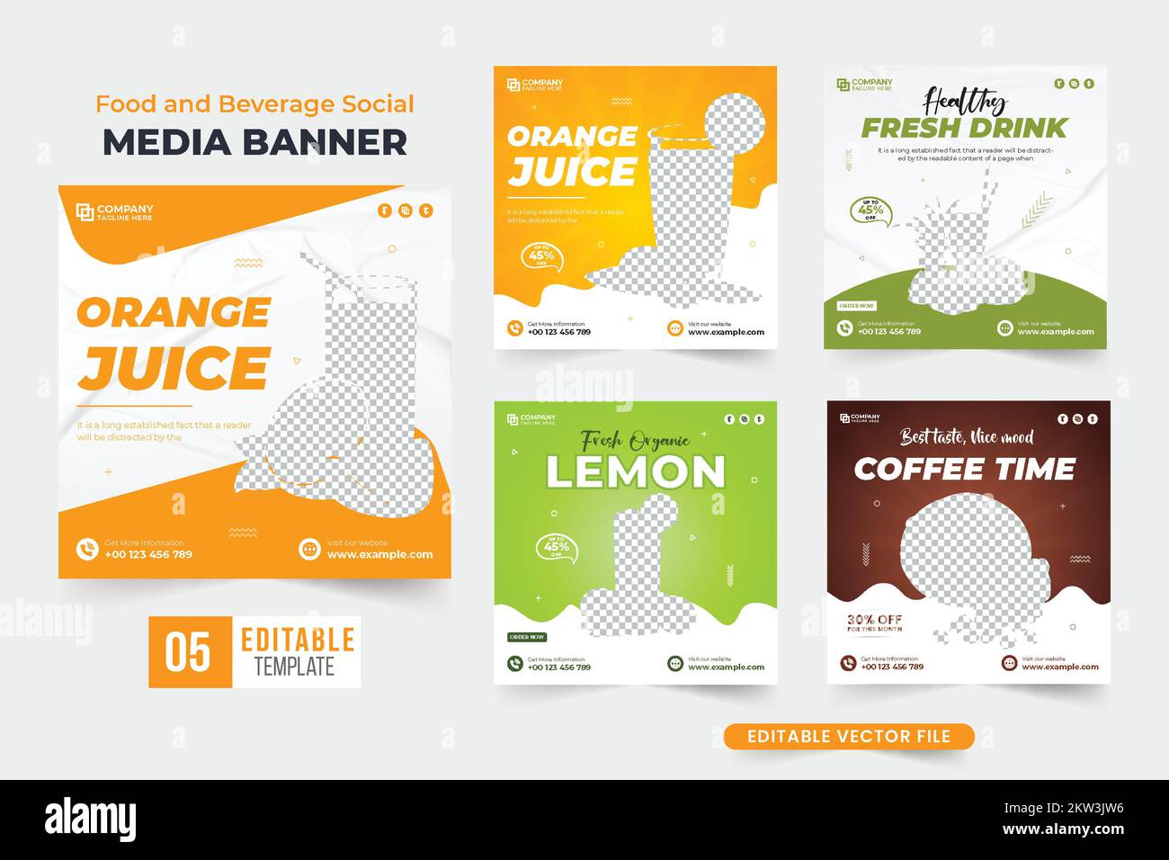 Fresh and organic beverage social media post collection with orange and ...