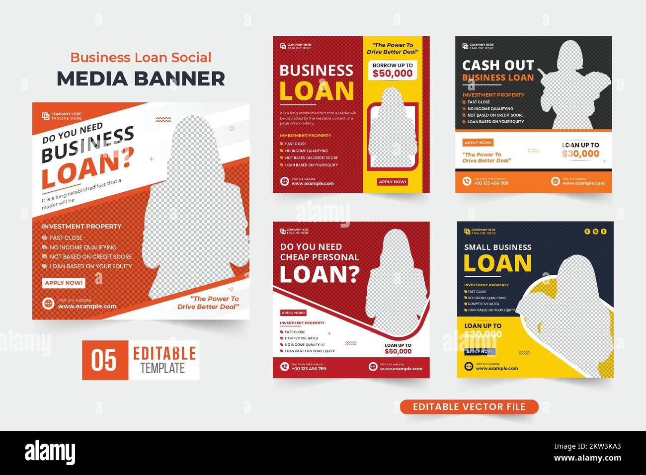 Business loan social media post design collection with yellow and red colors. Modern banking ...