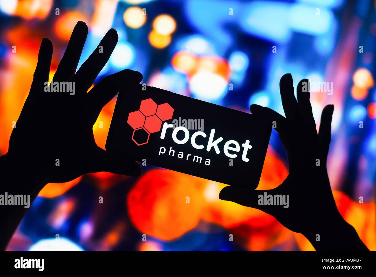 In this photo illustration, the Rocket Pharmaceuticals logo is ...