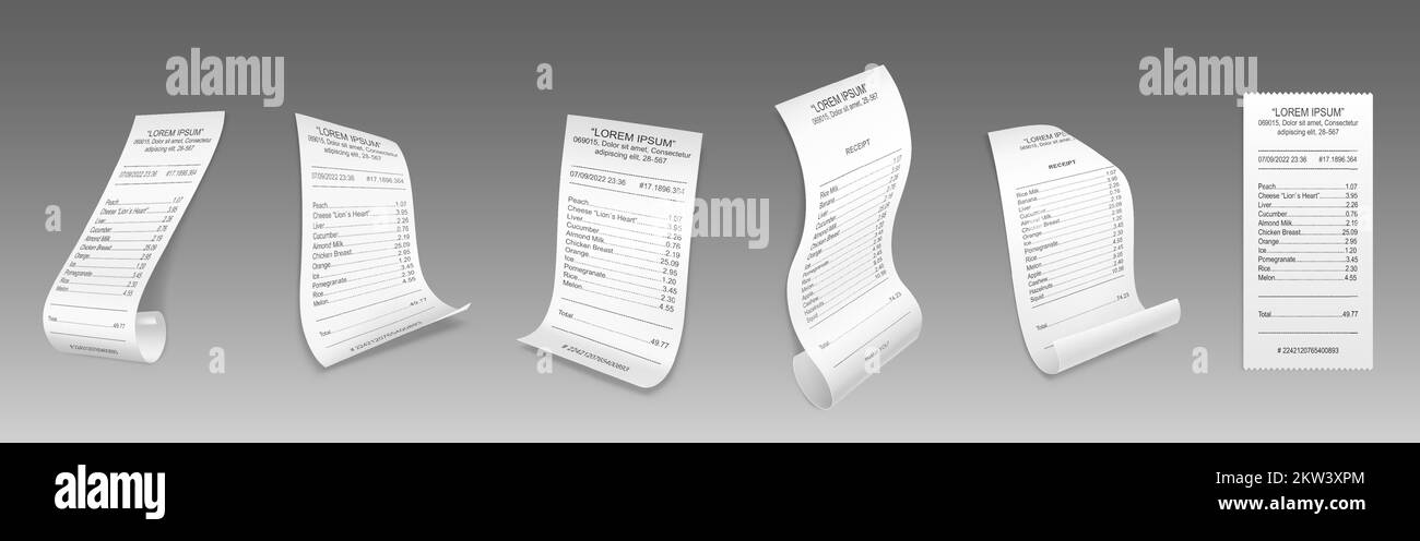 Bills, receipts, paper cheques, purchase invoices. Supermarket shopping retail sum check and ...