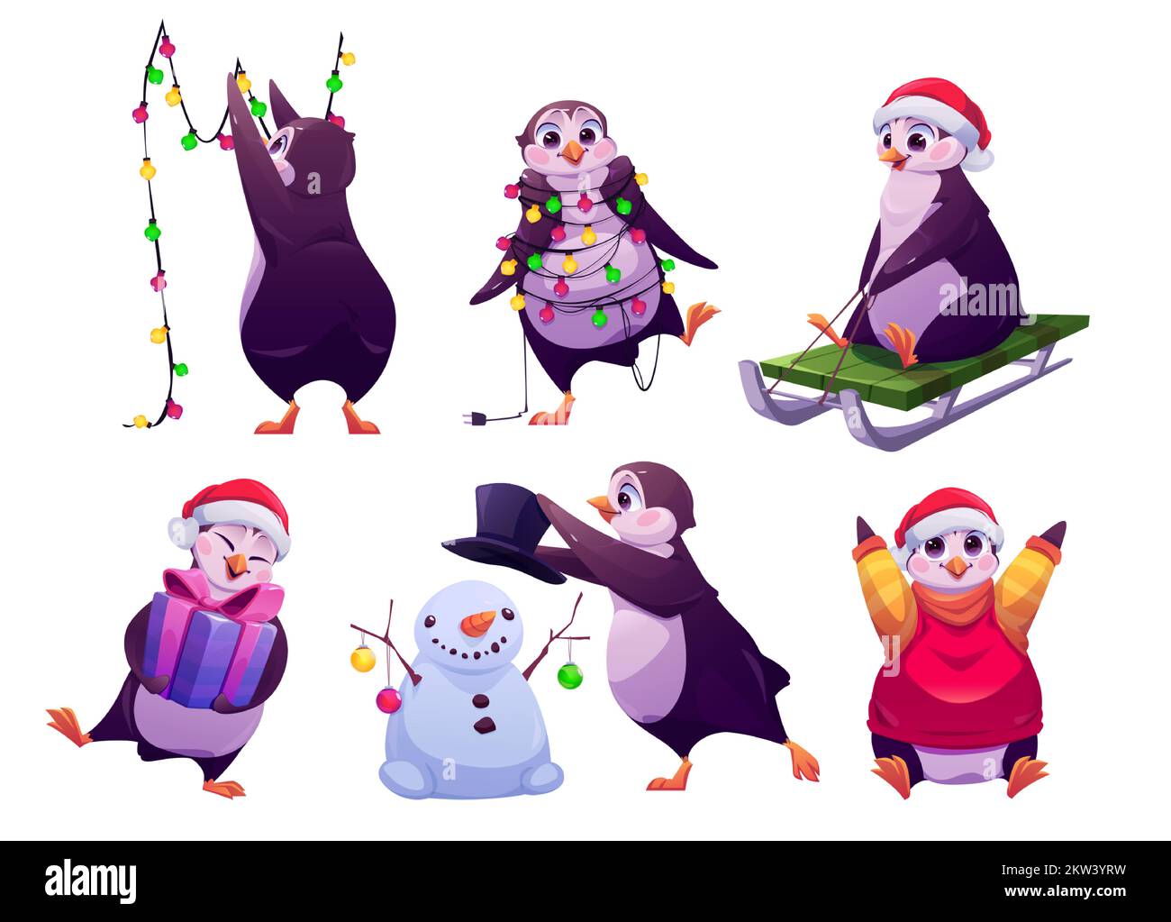 Christmas penguin, cute animal hanging festive garland, wear santa hat ...