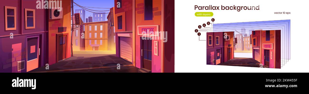 Empty city backstreet with shop and coffee house, parallax background ...