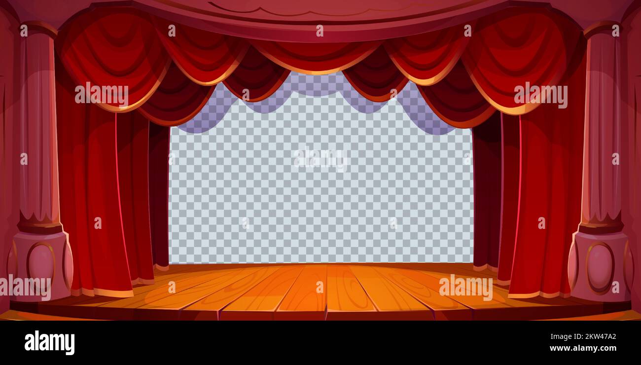Theater stage, empty retro scene with curtains, wooden floor, columns ...