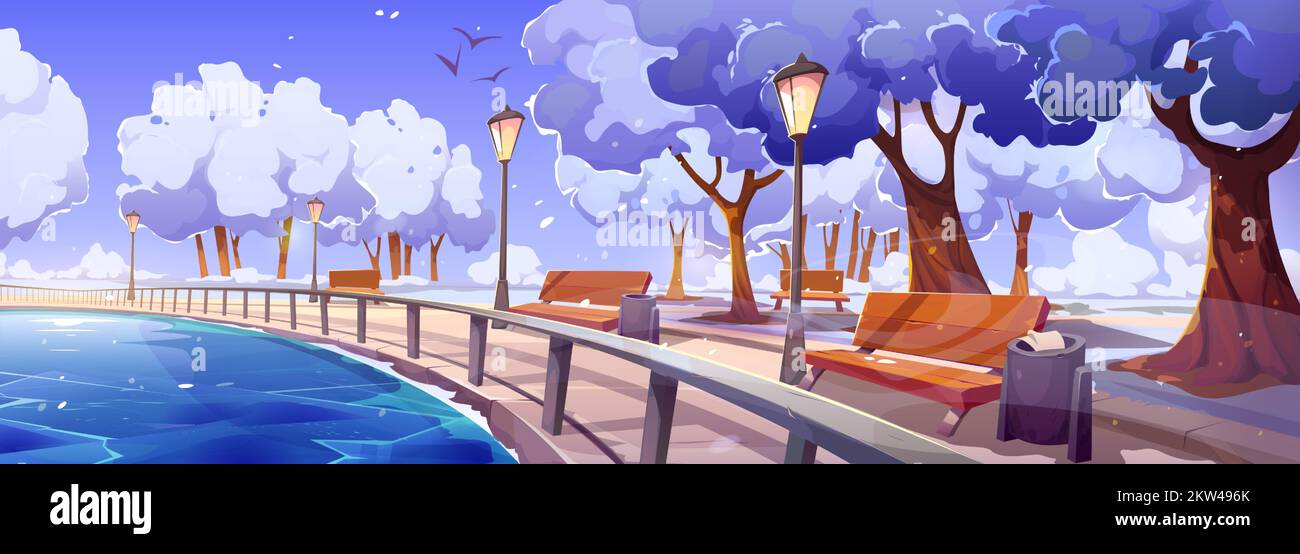 Quay in winter city park landscape perspective view with frozen river ...