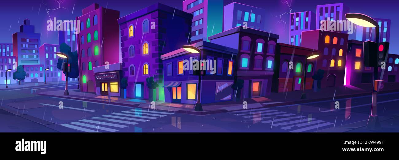 City landscape with houses, car road with street lights and trees in ...