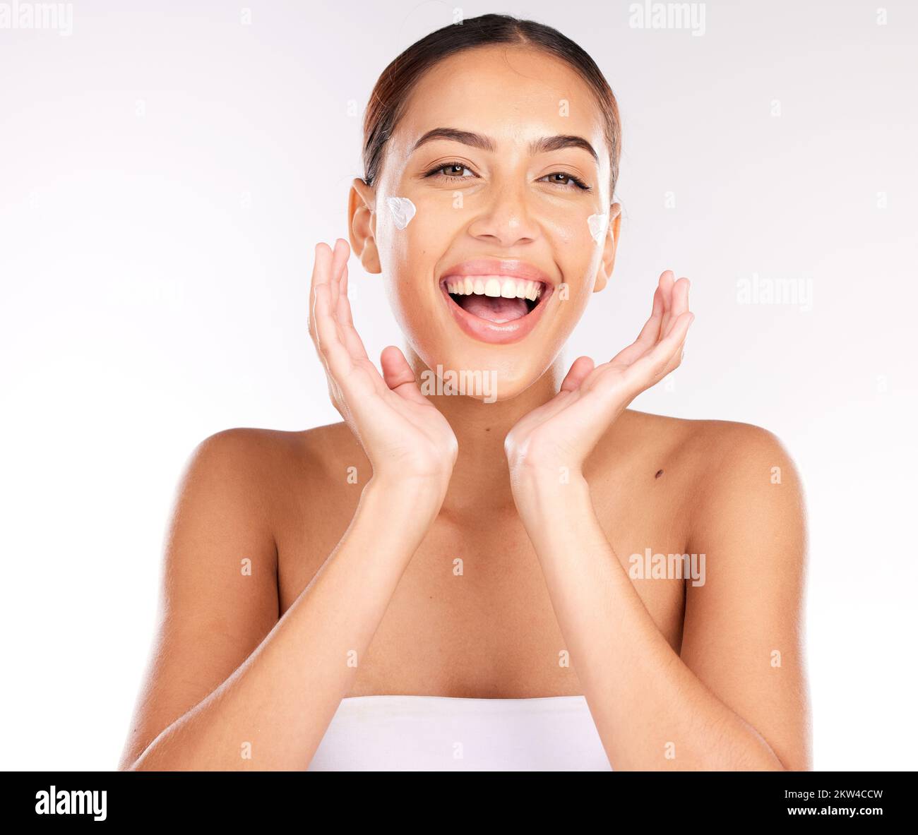 Woman, beauty and moisturizer with smile for skincare cosmetic ...