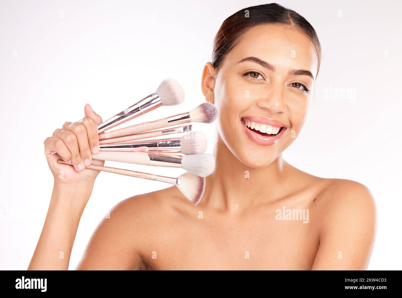 Beauty, makeup and brush with portrait of woman for product, facial and ...