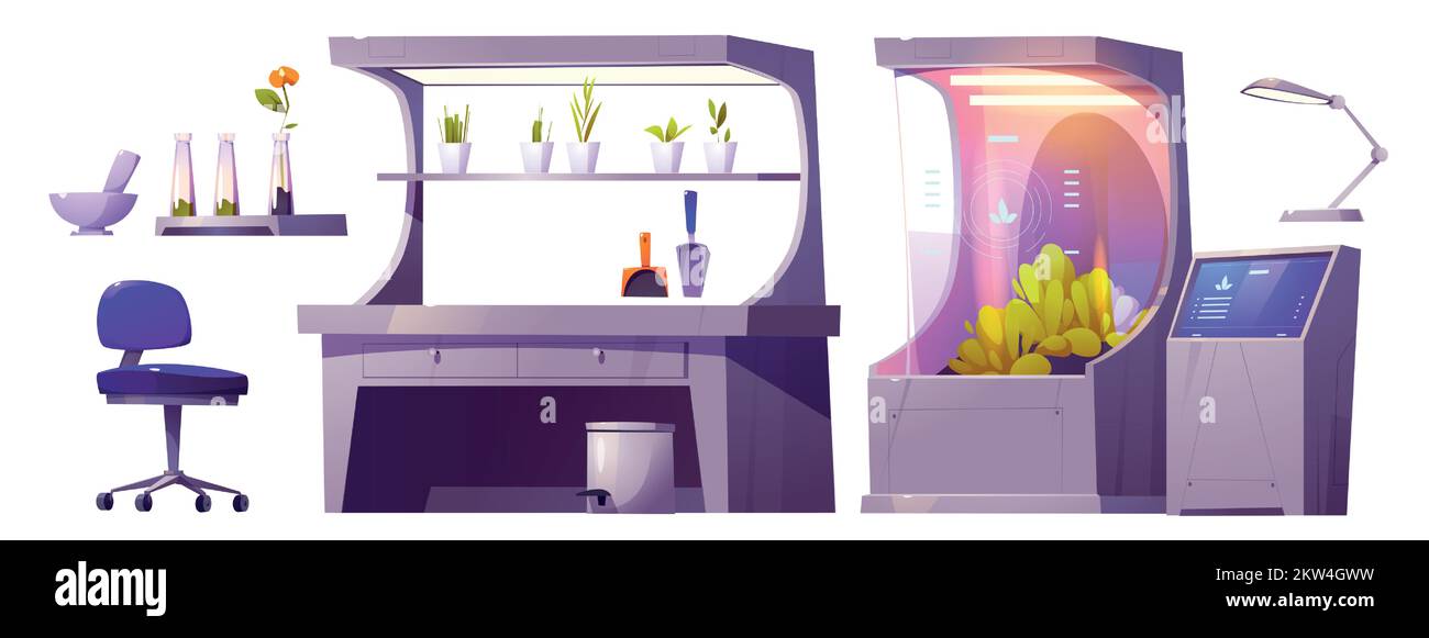Set laboratory with plants growing equipment. Isolated scientific ...