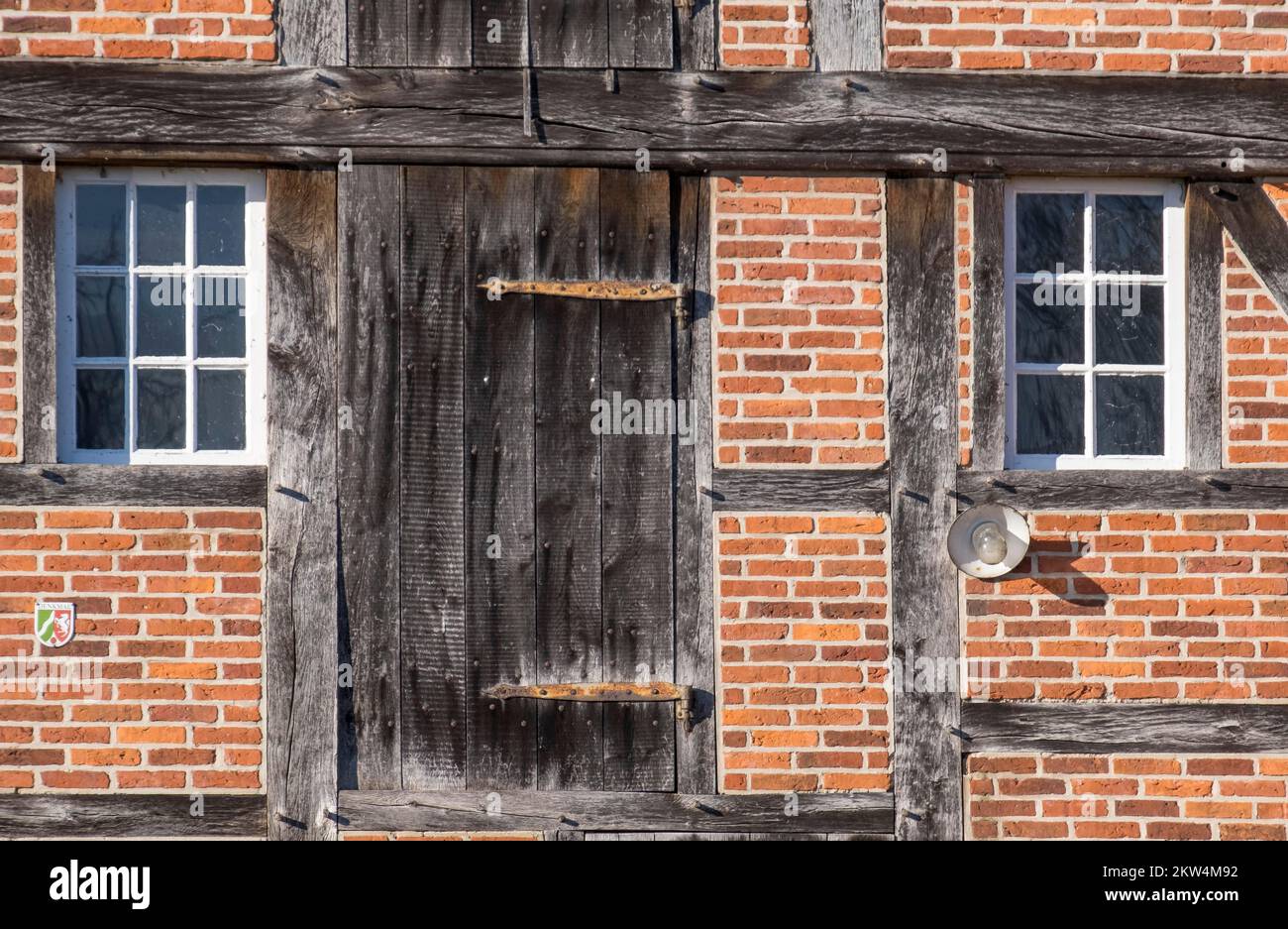 Half-timbering of a historic water mill, Münsterland, North Rhine ...