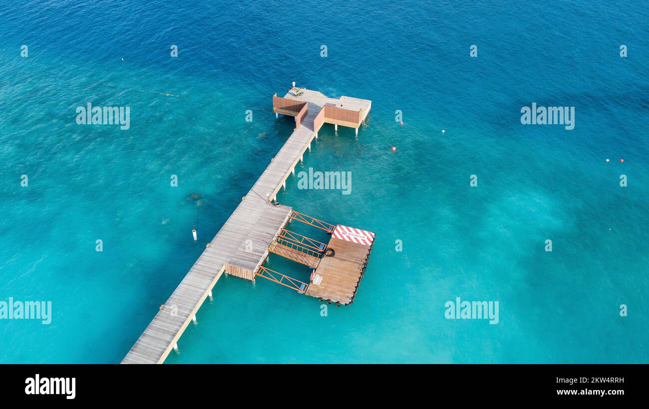 Aerial view bird's eye view of jetty of Maldives Island of Maldives, in ...