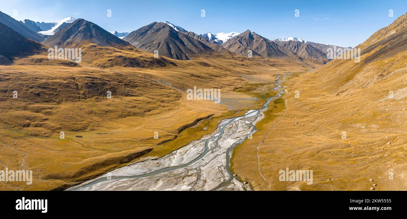 Burkhan Valley with meandering Burkhan River, between glaciated ...