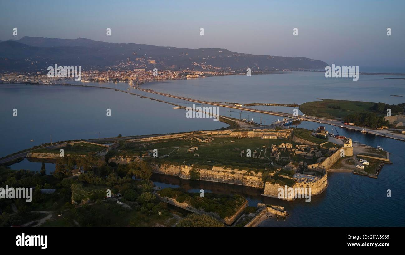 Drone shot, Santa Maura sea fortress, statd view, swing bridge, lagoon ...