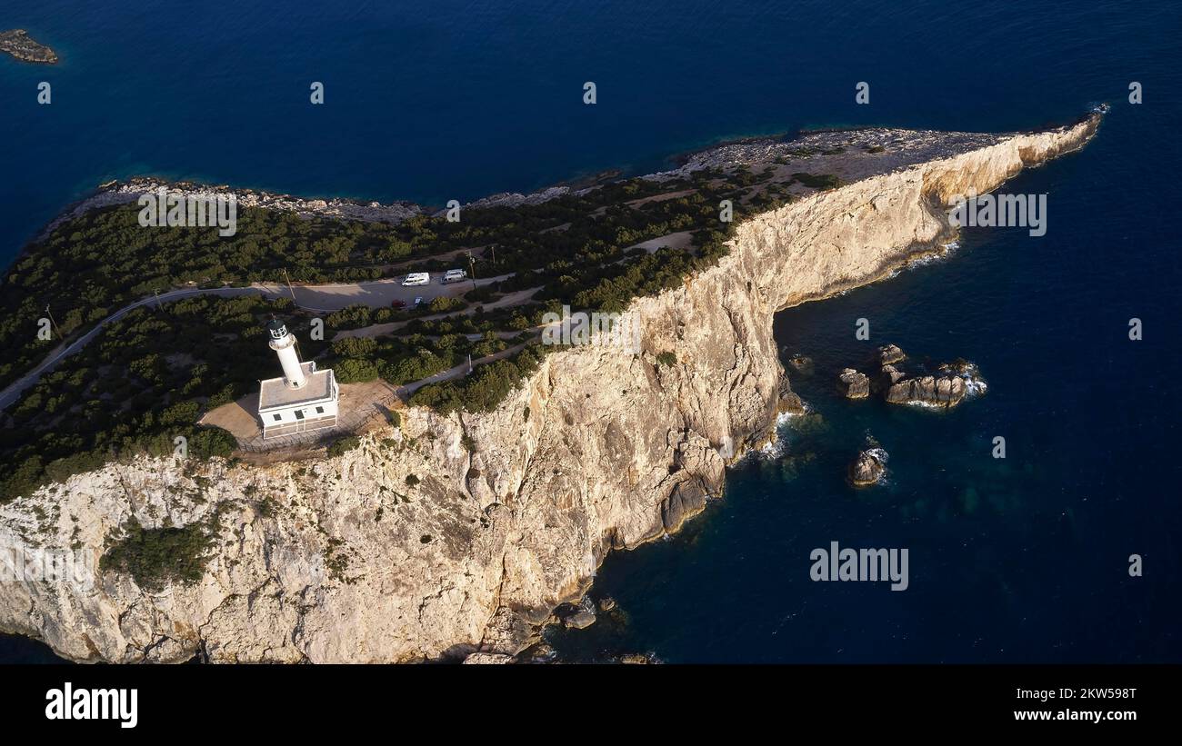 Drone shot, southern tip of the island, Cape Lefkadas, cliff ...