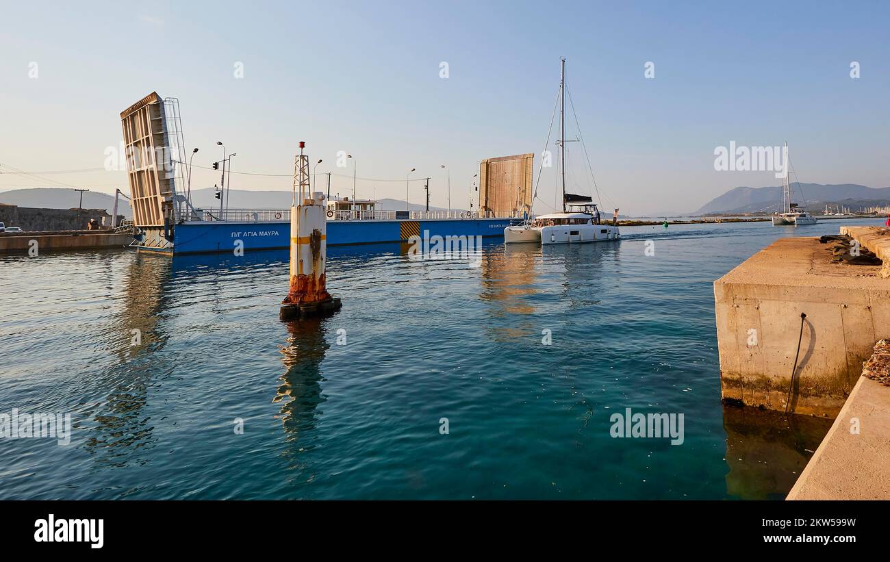 Opened swing bridge, Santa Maura ferry bridge, catamaran, blue ...
