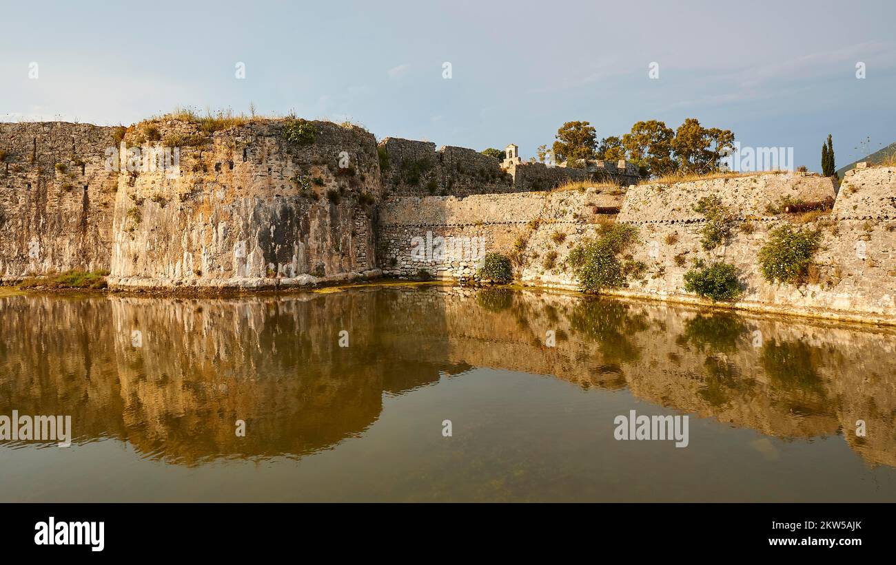 Sea fortress of Santa Maura, fortress walls, reflections in the water ...