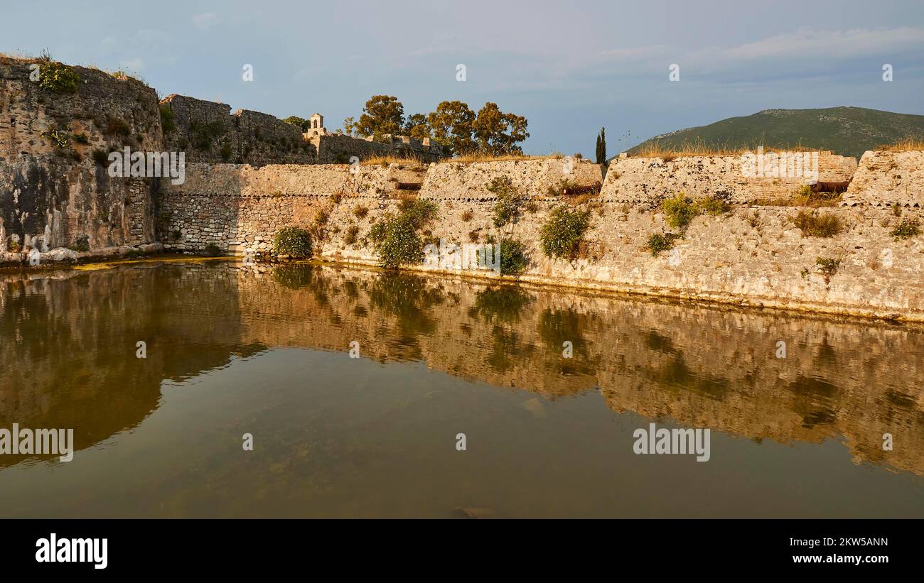 Sea fortress of Santa Maura, fortress walls, reflections in the water ...