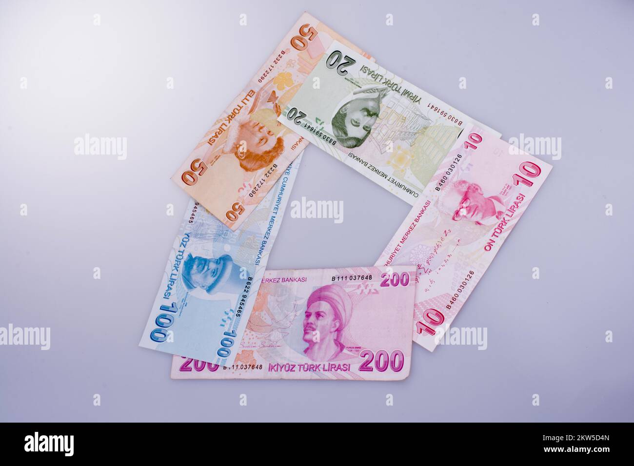 Turksh Lira banknotes of various color, pattern and value on white ...