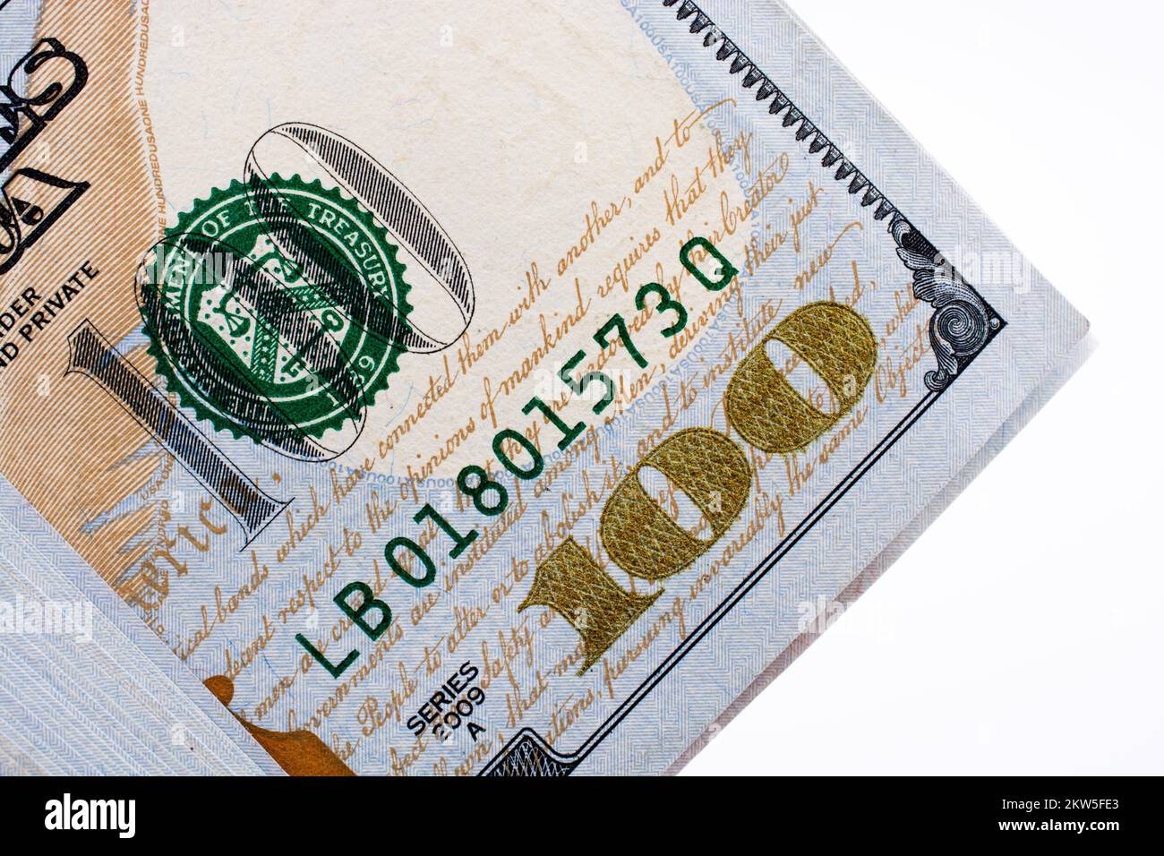 American 100 dollar banknotes made of paper placed on white background ...