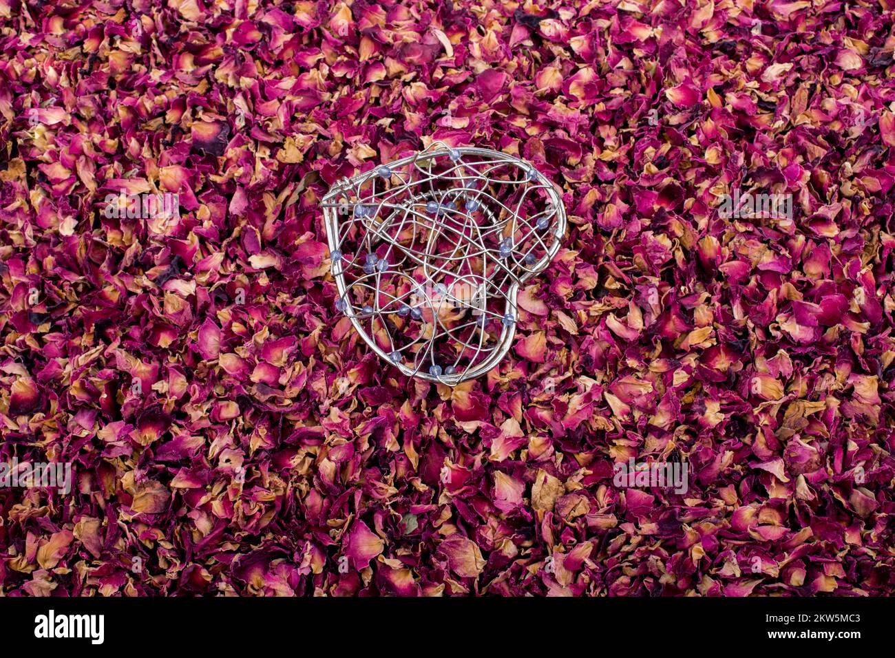 Heart shaped cage placed on dry rose petals Stock Photo - Alamy