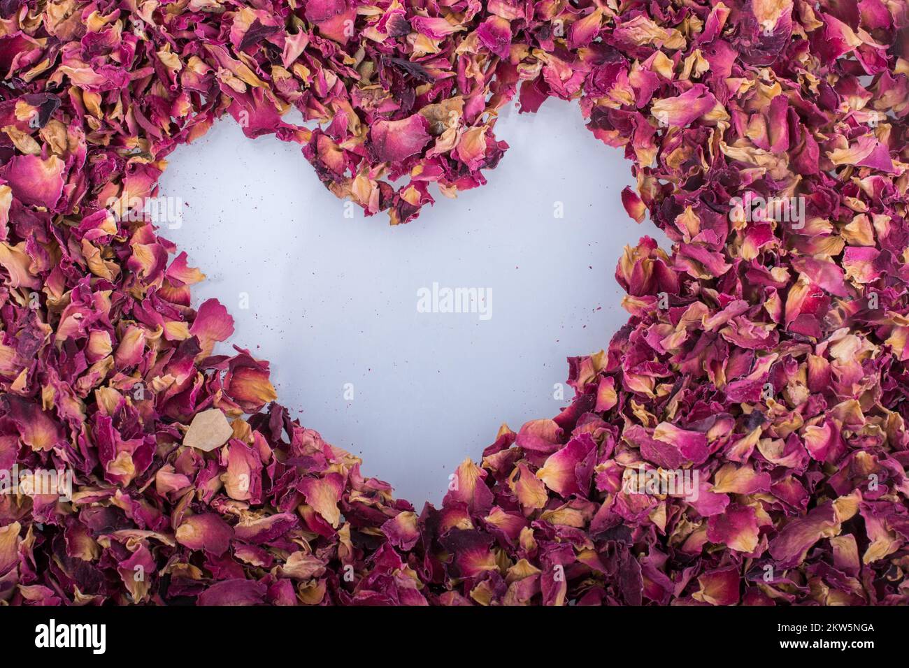 Dry petals form a heart shape on a white background Stock Photo - Alamy