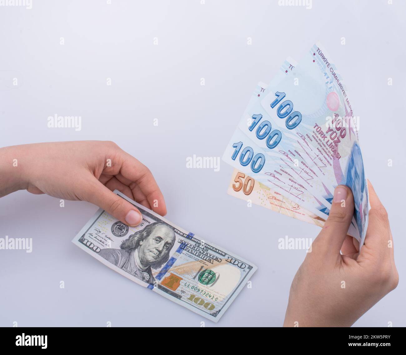 Hands holding American dollar banknotes and Turksh Lira banknotes side ...
