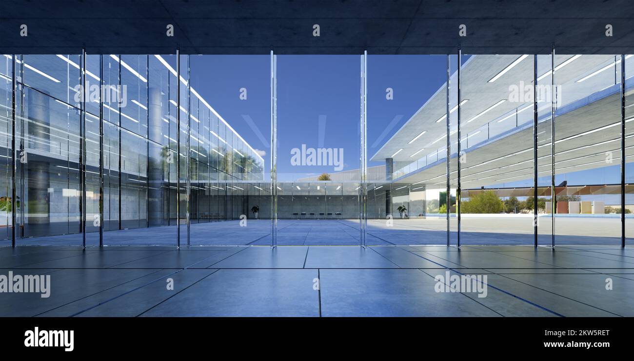 Modern glass wall commercial buildings lobby hall. Realistic 3d ...