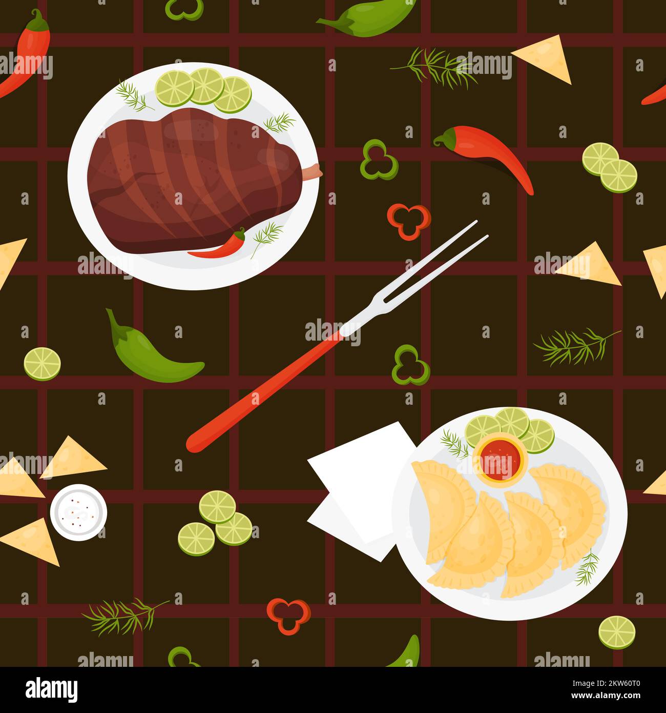Seamless pattern with latin american food. Fried pork leg grilled meat ...