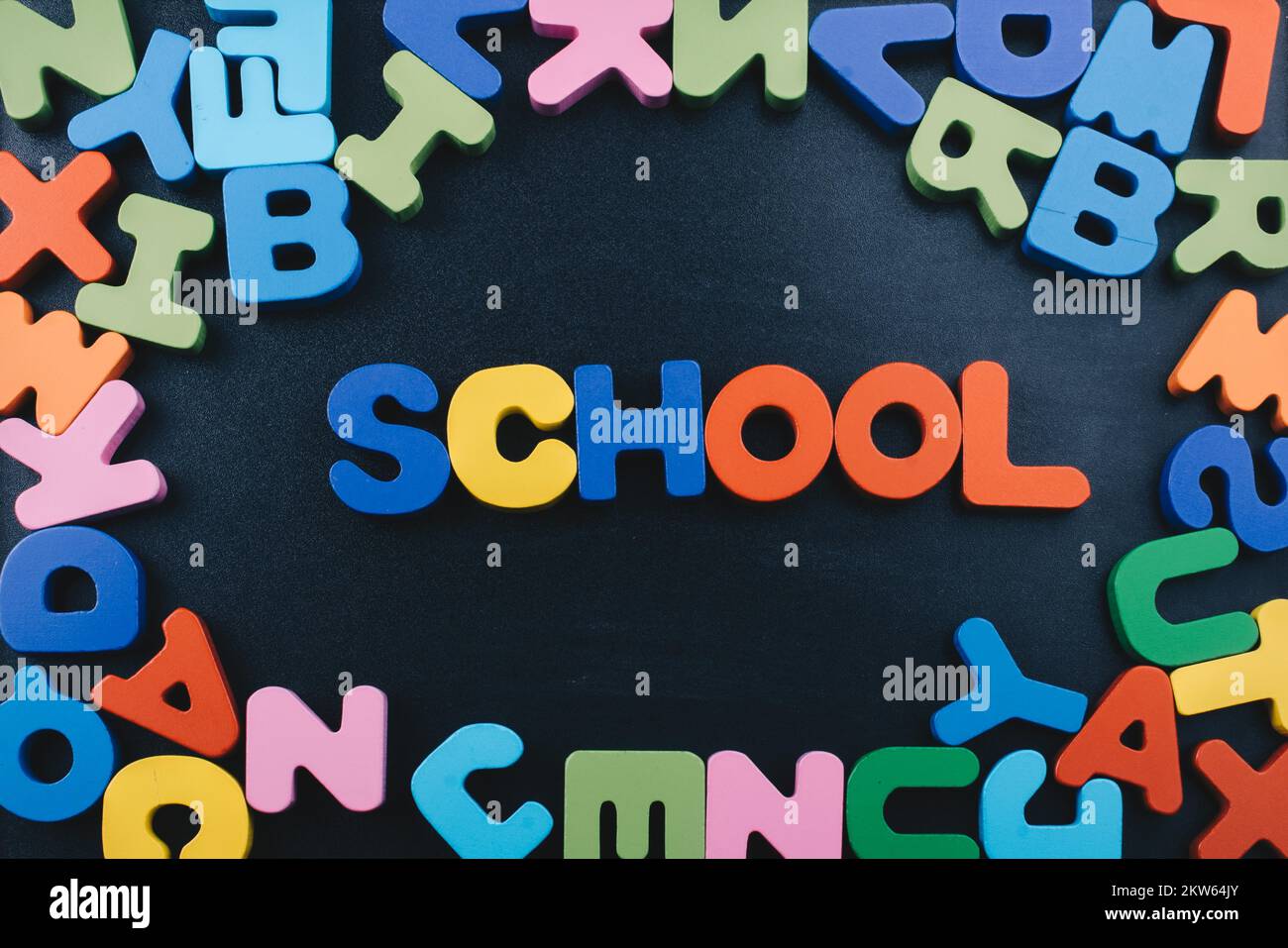 Colorful Letters of Alphabet made of wood and school wording Stock ...