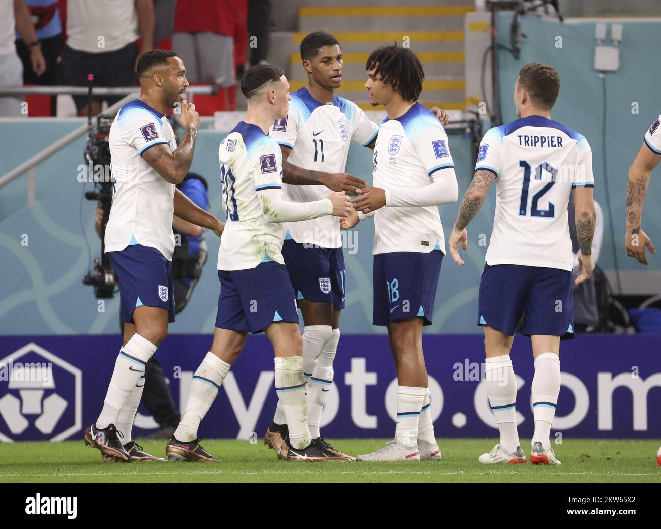 Marcus Rashford of England celebrates his goal with teammates during ...