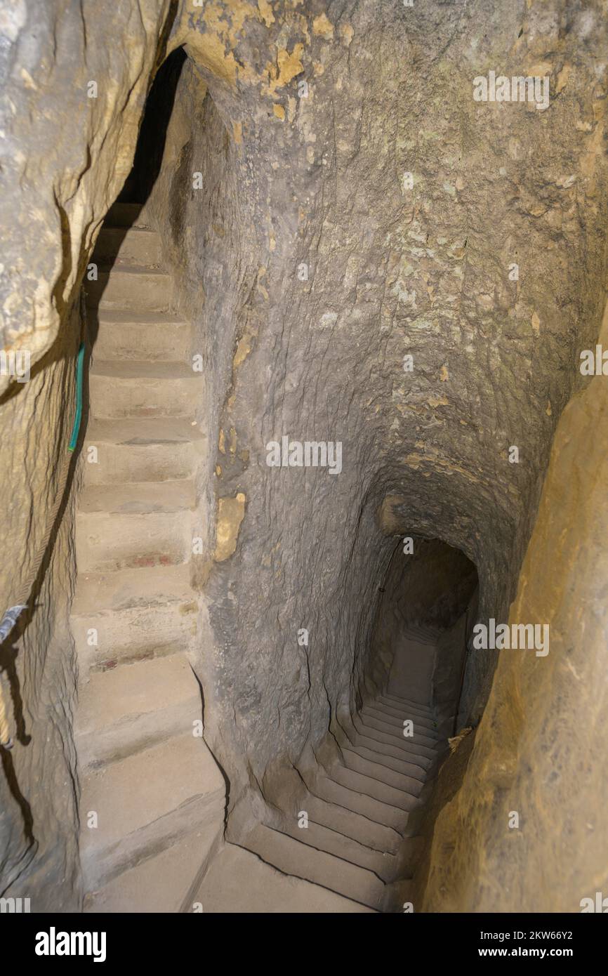 Staircase carved out of the sandstone inside the rock castle Valecov ...